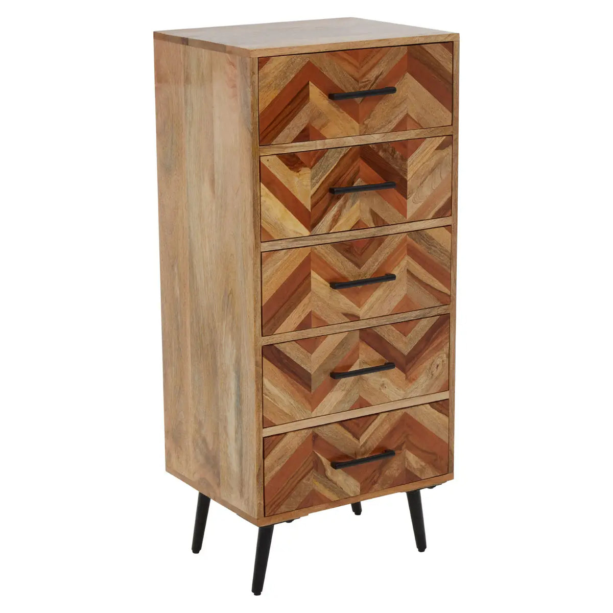 Tessera 5 Drawer Chest of Drawers | Herringbone Mango Wood – Green & Gable